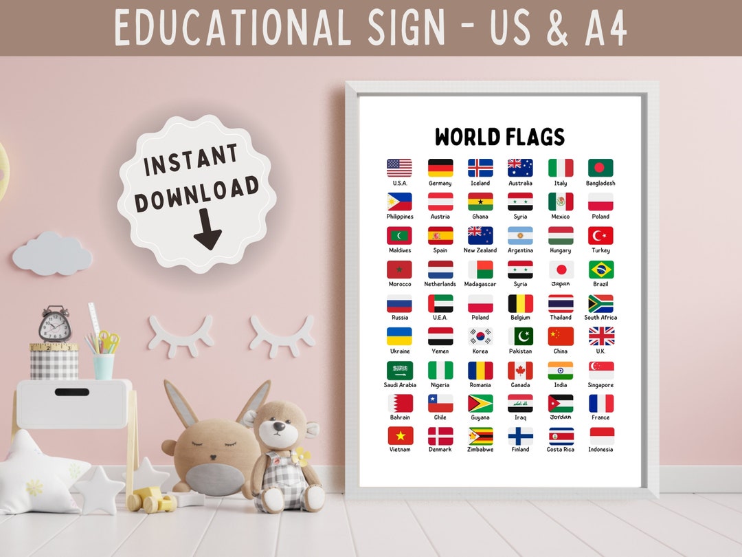 Señal de aula de banderas del mundo. Arte de pared educativo. - Etsy España