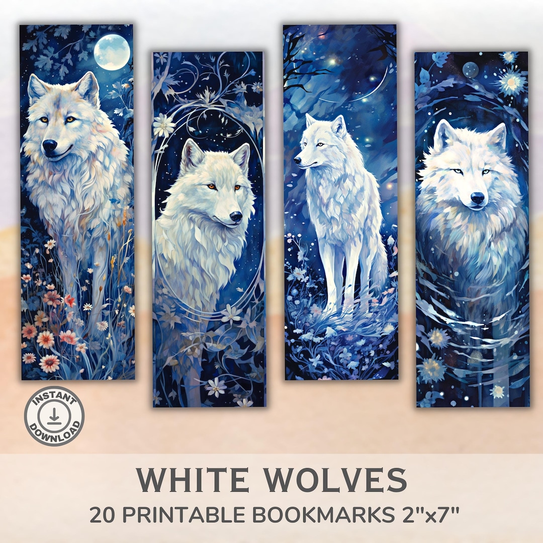 Printable White Wolves Bookmarks. Watercolor Wolf and Moon. Bookmark ...