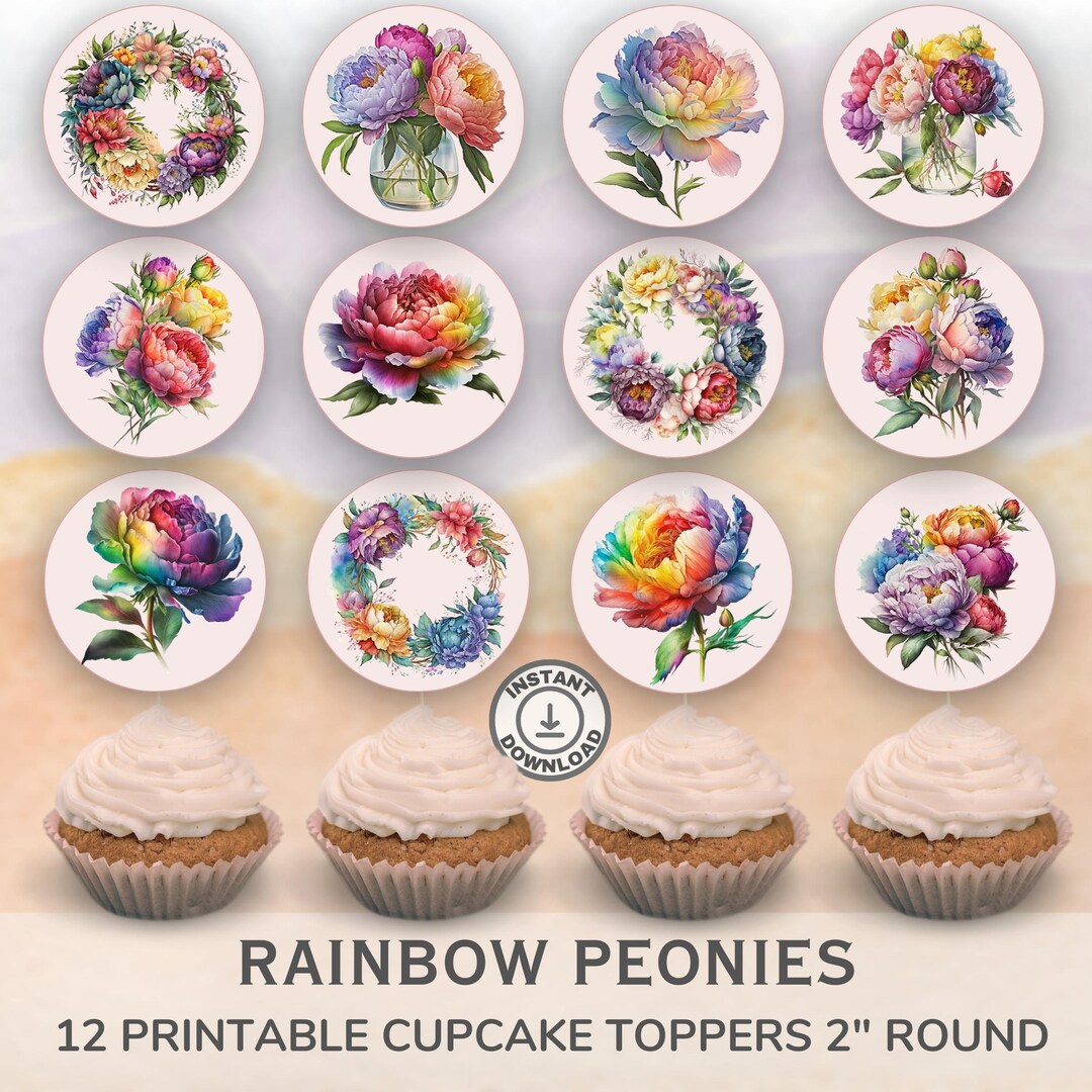 Printable Rainbow Floral Cupcake Toppers. Set of 12 Fun - Etsy