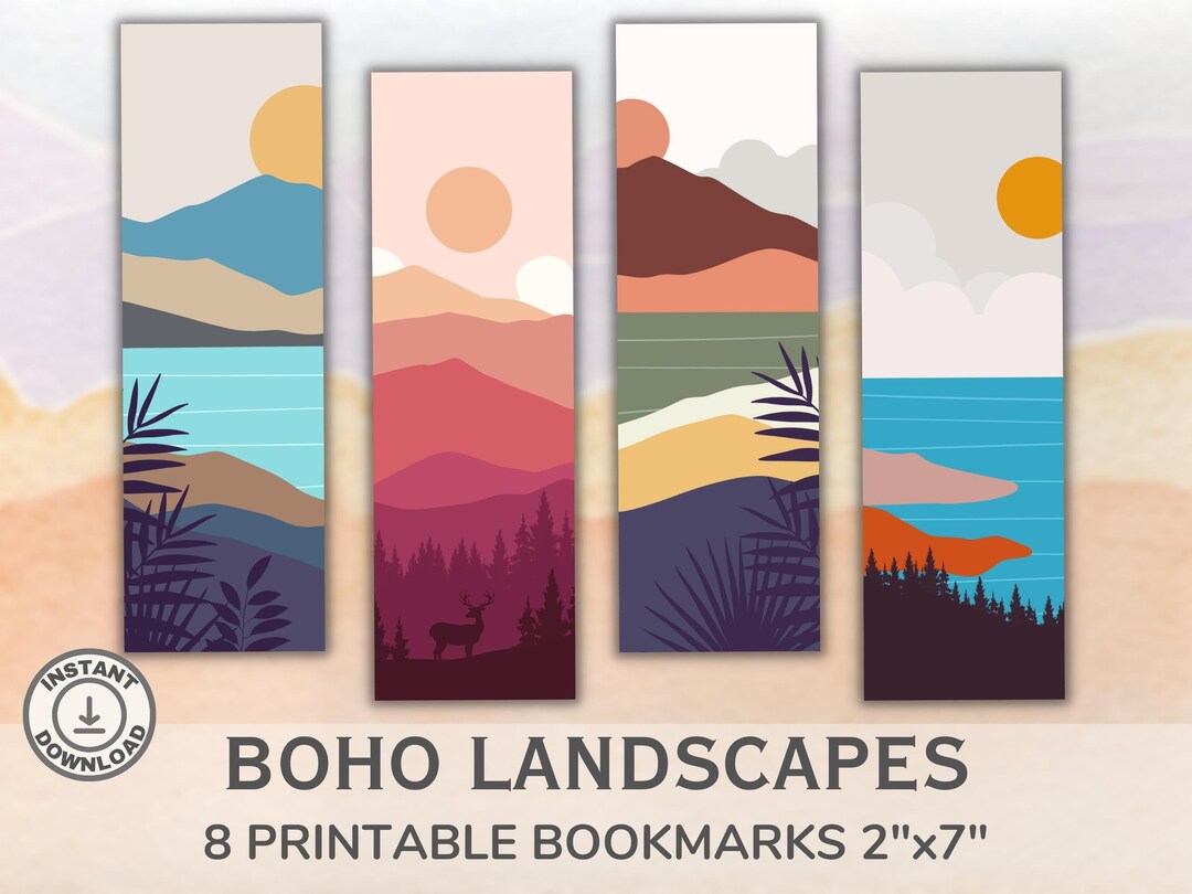 Printable BOHO Retro Landscape Bookmarks. Watercolor Lakes, Deer and ...