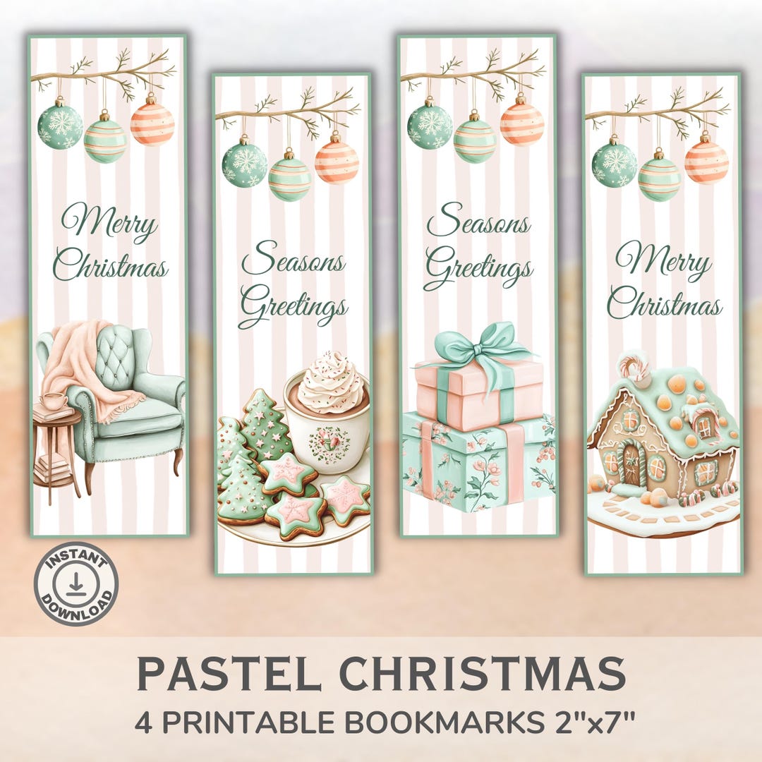 Christmas Printable Bookmarks Set of 4. Pastel Christmas Bookmarks ...