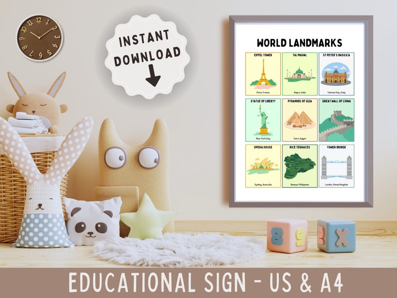 World Landmarks Classroom Sign. Educational Wall Art. - Etsy