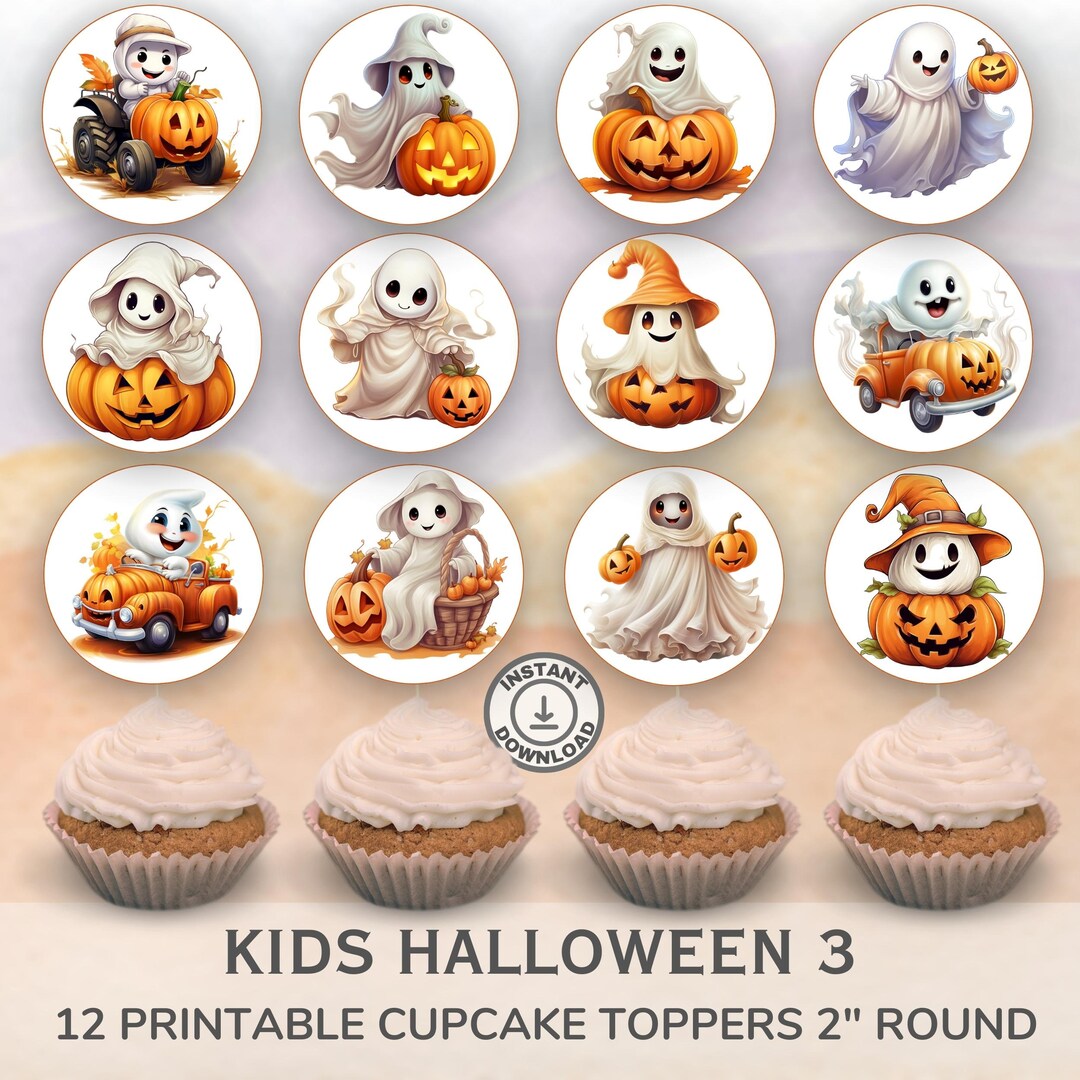 Printable Kids Halloween 3 Cupcake Toppers. Set of 12 Fun Designs ...