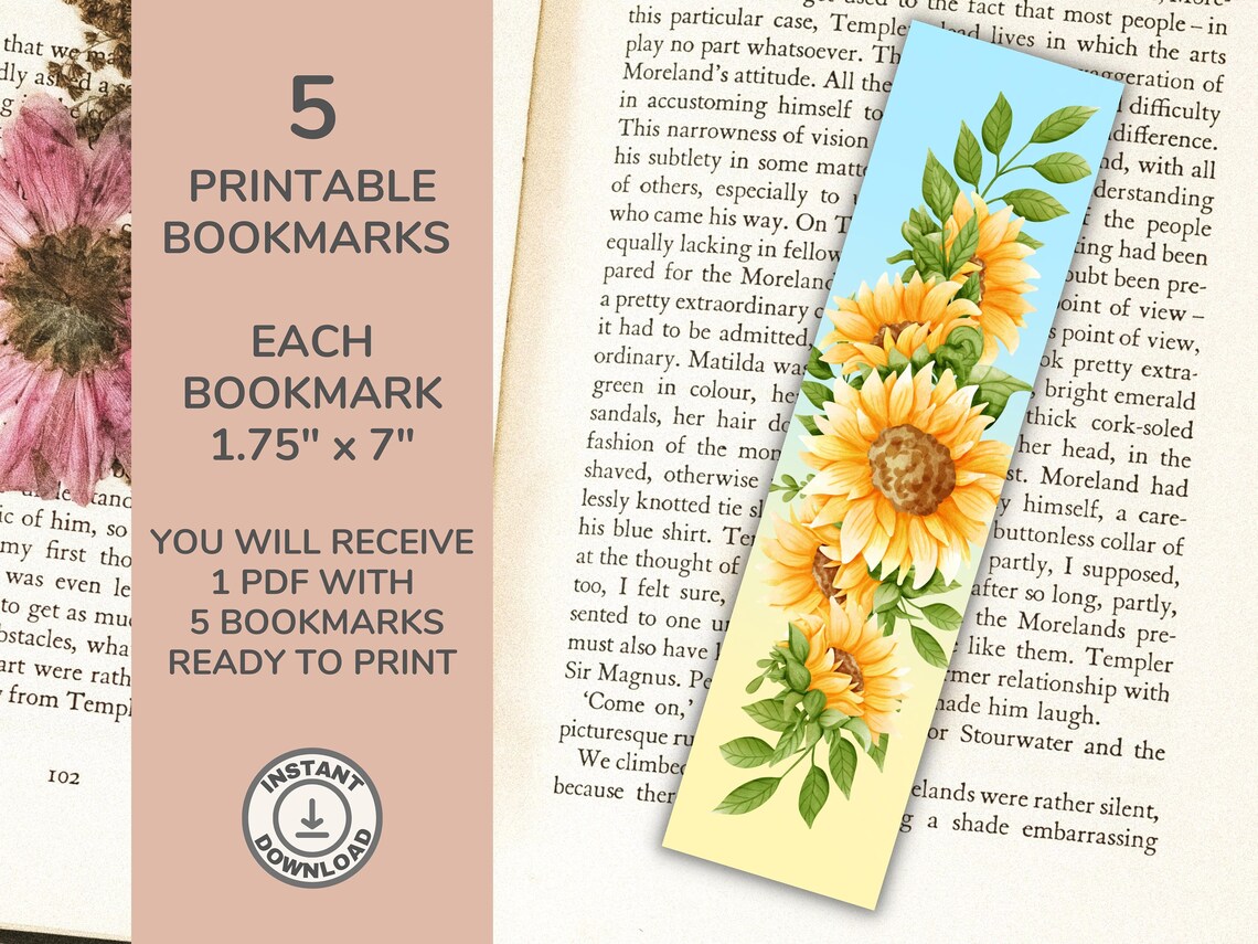 Printable Sunflower Bookmarks Set of 5. Peaceful Sunflower Bookmarks ...