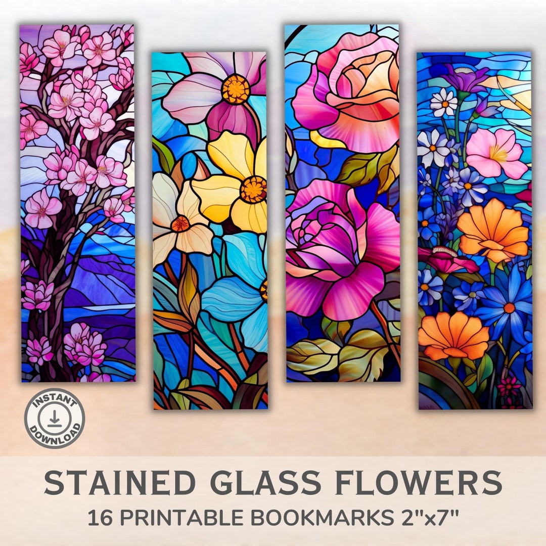 Printable Stained Glass Flowers Bookmarks. Bundle of 16. Perfect Reader ...