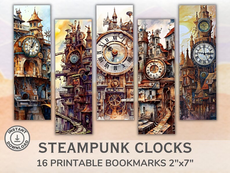 Printable Steampunk Clocks Bookmarks. Watercolor Gothic Clock Towers ...