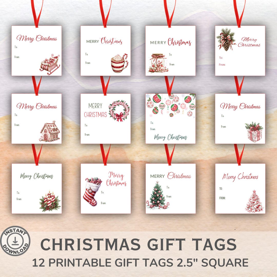 Printable Christmas Gift Tags Square. Merry Christmas Gift Tag. Digital ...