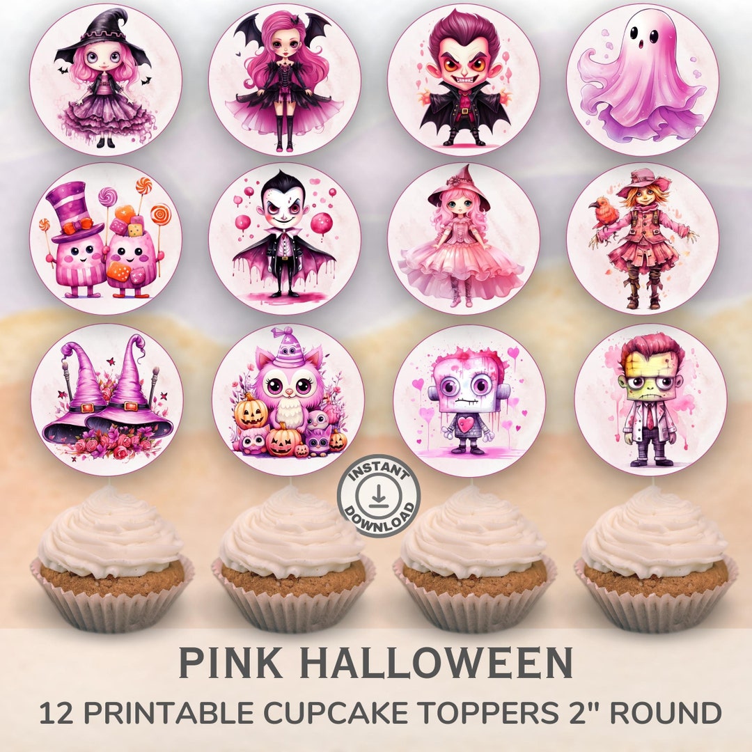 Printable Pink Halloween Cupcake Toppers. Set of 12 Fun Designs ...