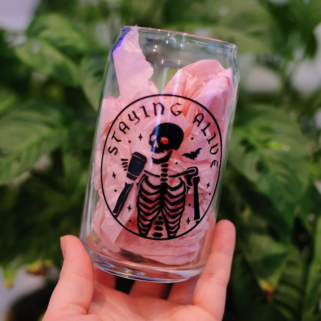 Staying Alive Skeleton Coffee Glass Can - Coffee Skeleton Glass ...