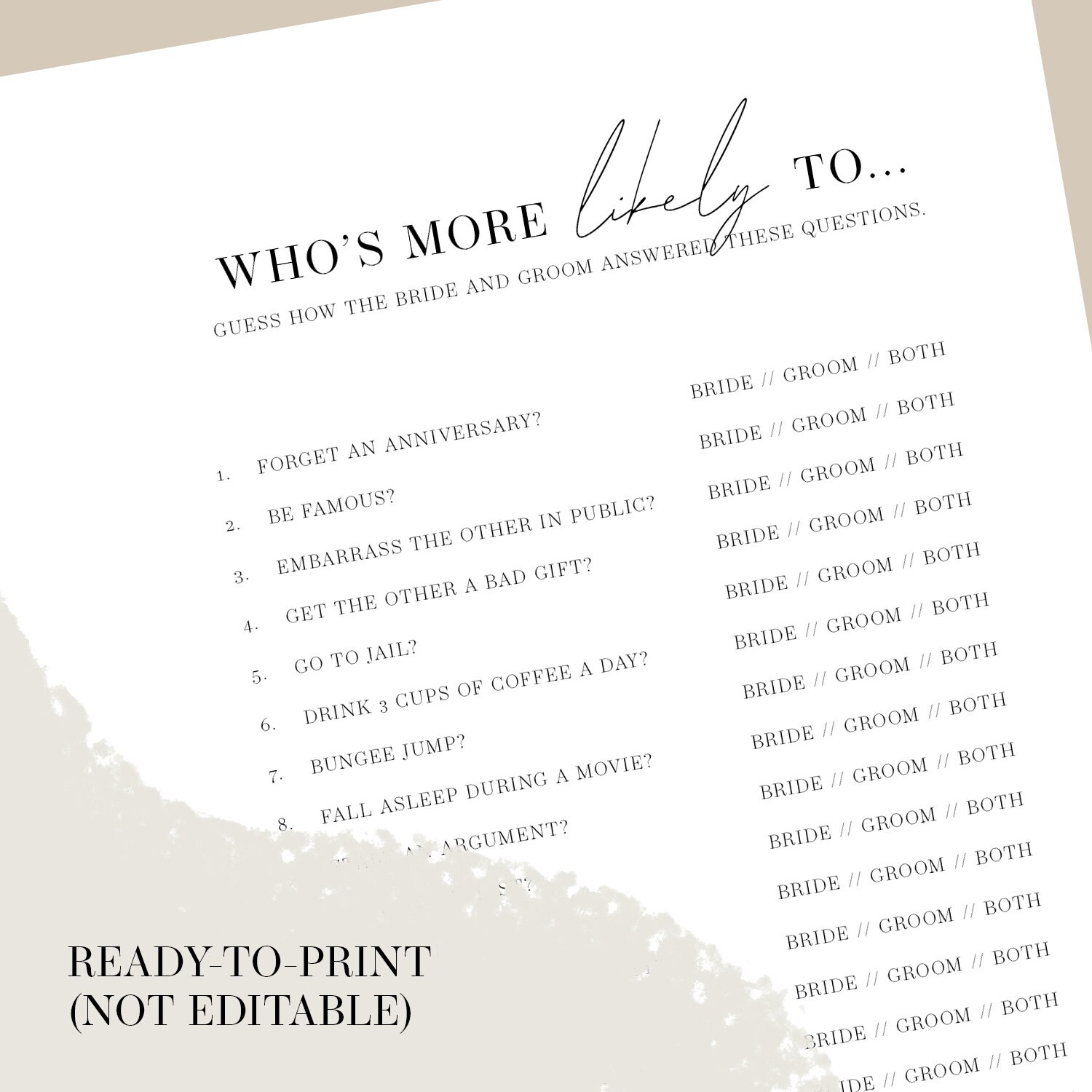 BRIDAL SHOWER GAME: Who's More Likely to | Instant Download ...