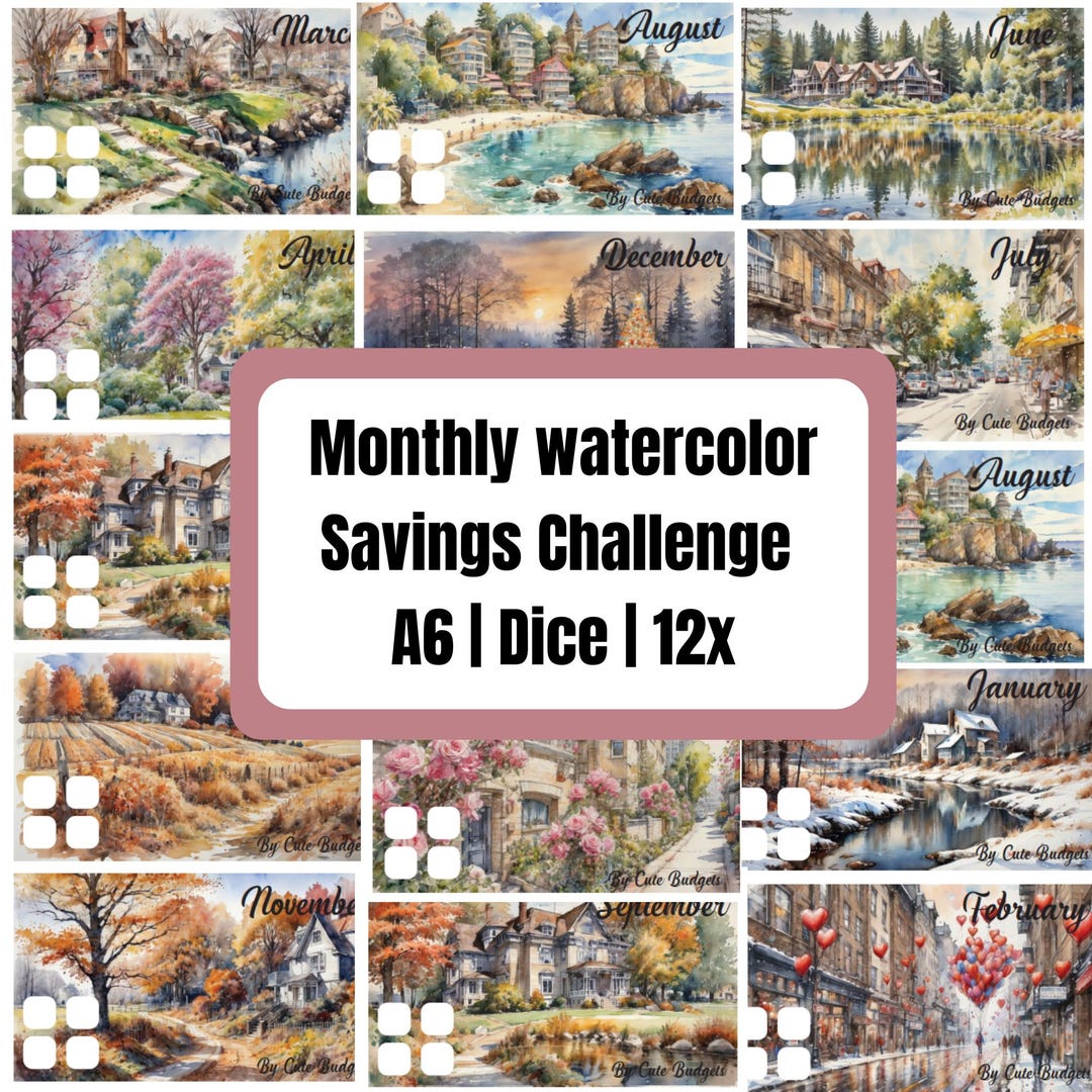Monthly Landscape Savings Challenge for 2026 | Watercolor | Dice | A6 ...