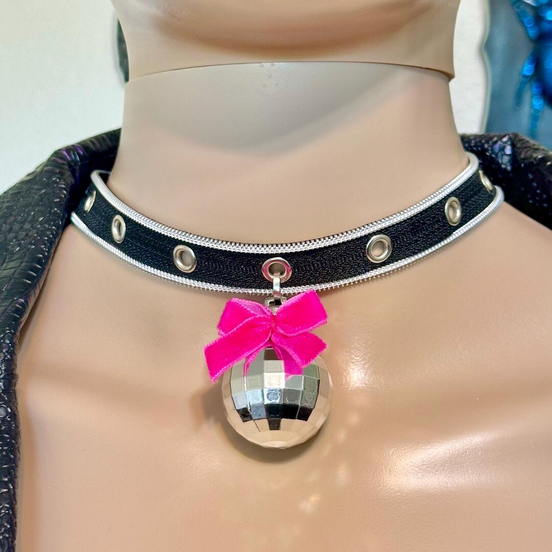 Disco Ball Pink Bow Metal Grommet Choker Necklace Black Silver ...