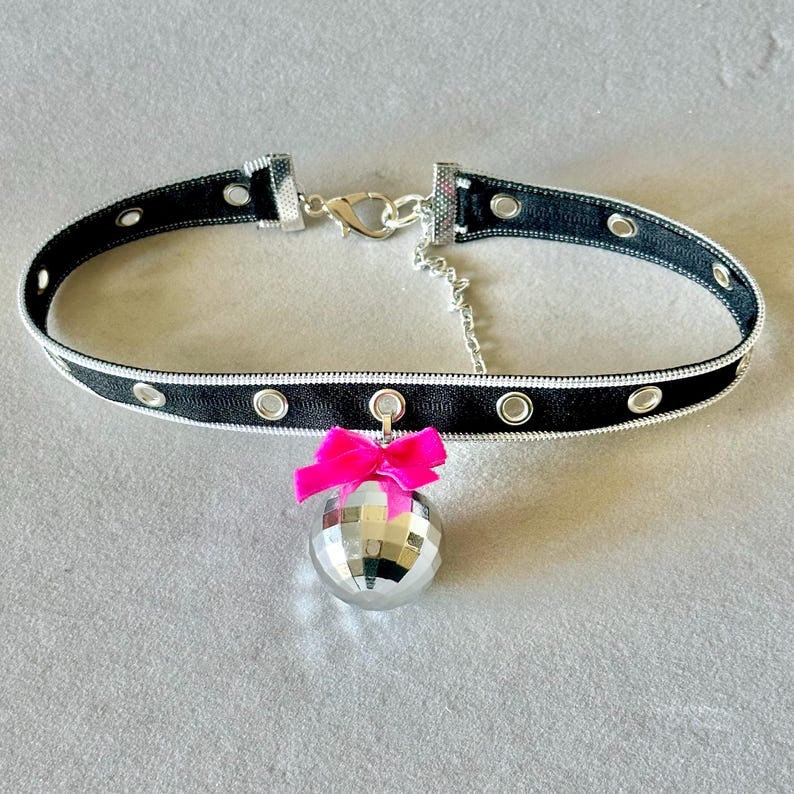 Disco Ball Pink Bow Metal Grommet Choker Necklace Black Silver ...