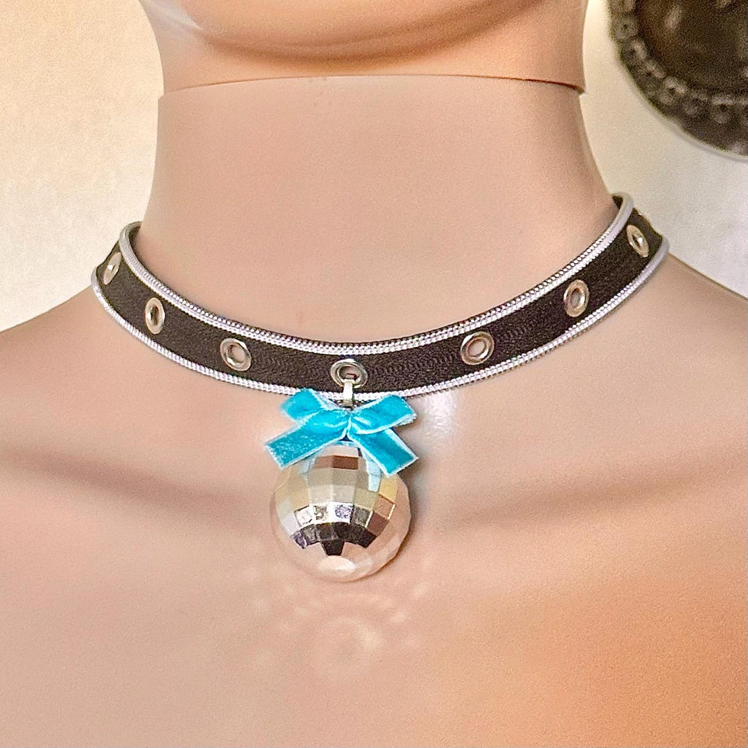 Disco Ball Blue Bow Metal Grommet Choker Necklace Black Silver ...