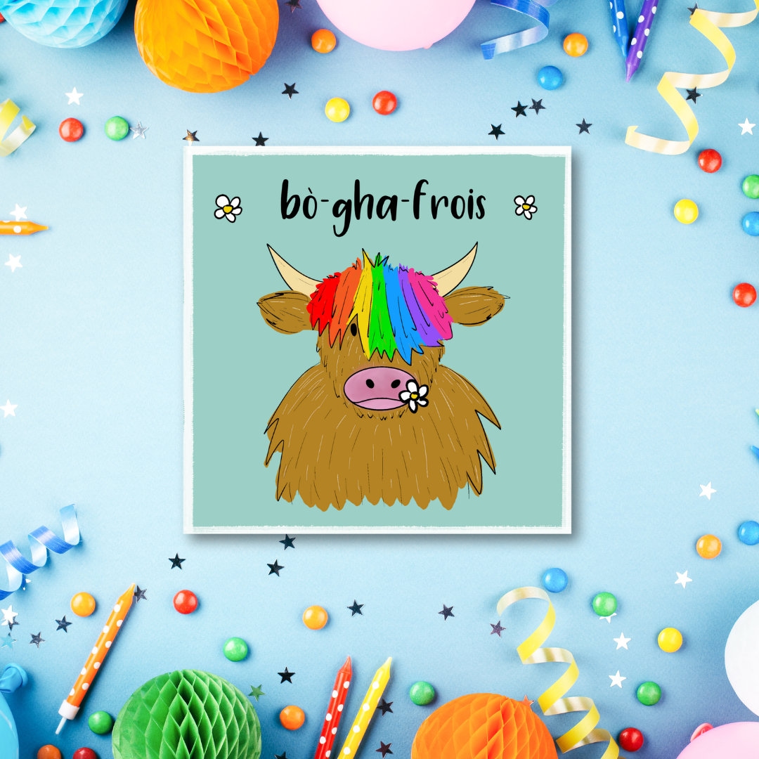 Gaelic Pun Rainbow Highland Cow Greetings Card - Bó-gha-frois - Etsy