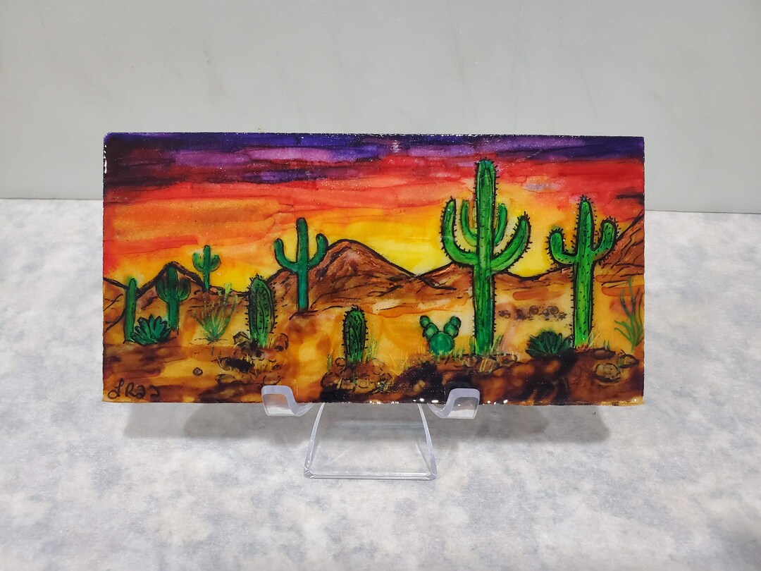Arizona Desert Sunset Painting, Purple Sky, on a 3x6 Hand Painted ...