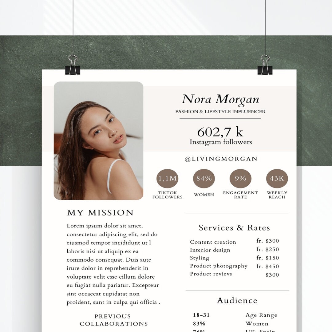 1 Page Media Kit Template Customizable | Influencer Media | Blogger ...