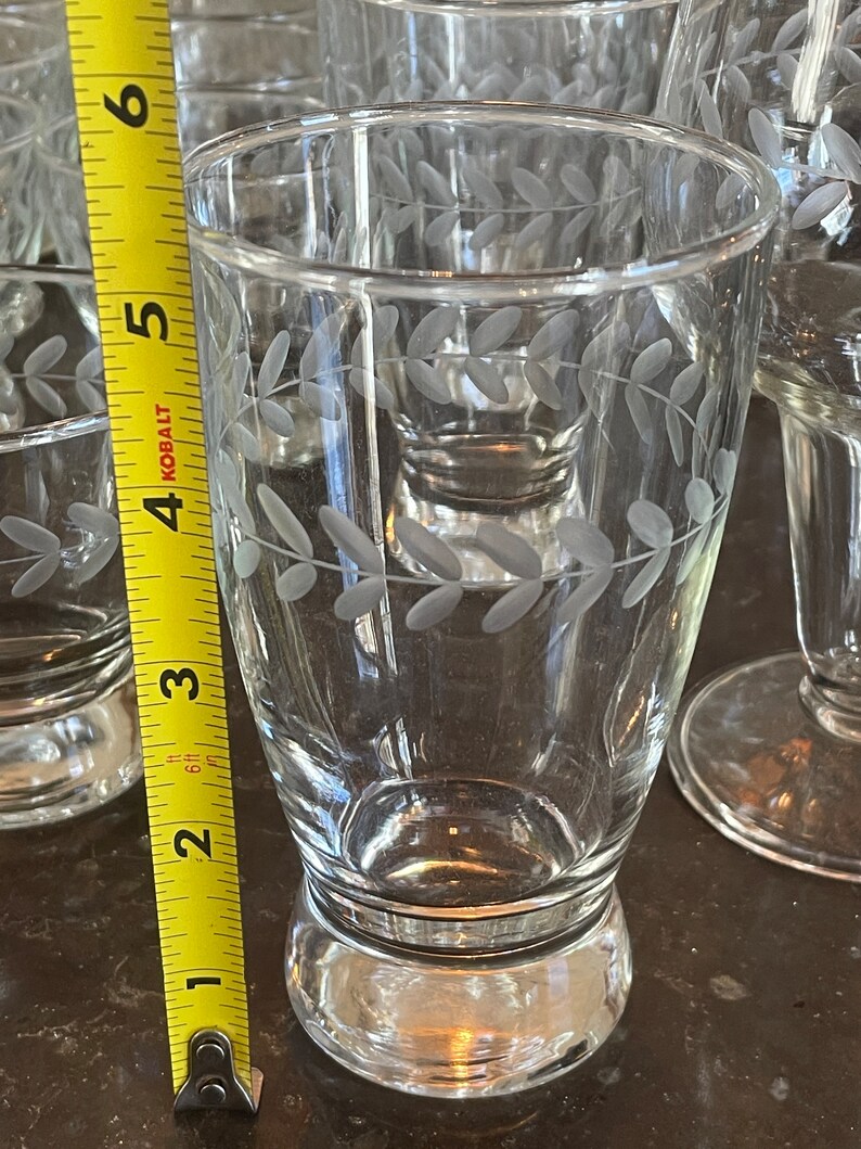 ANCHOR HOCKING Etched Footed Glassware Set Laurel Pattern Etched 1950s ...