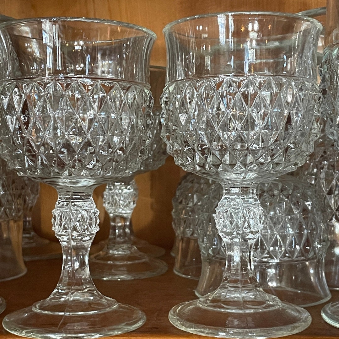 Vintage Indiana Glass 9 Wine or 9 Water Glasses, Crystal Clear Diamond ...