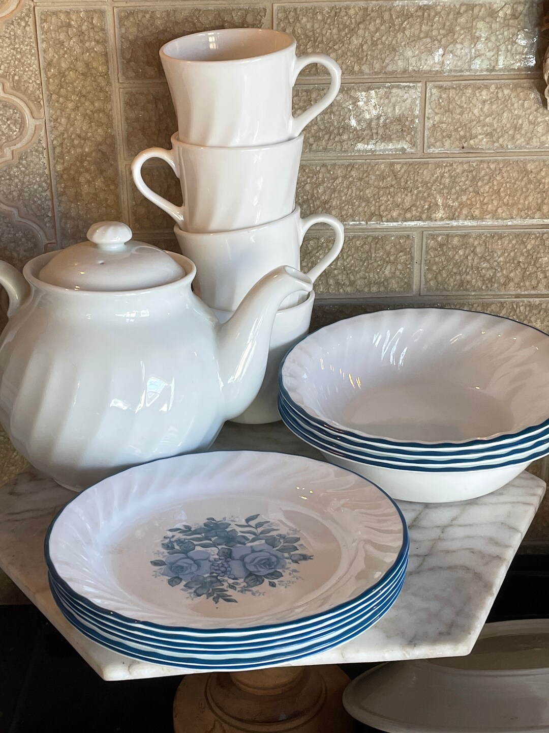 Corelle Blue Velvet Morning Blue Swirl White Pieces - Etsy