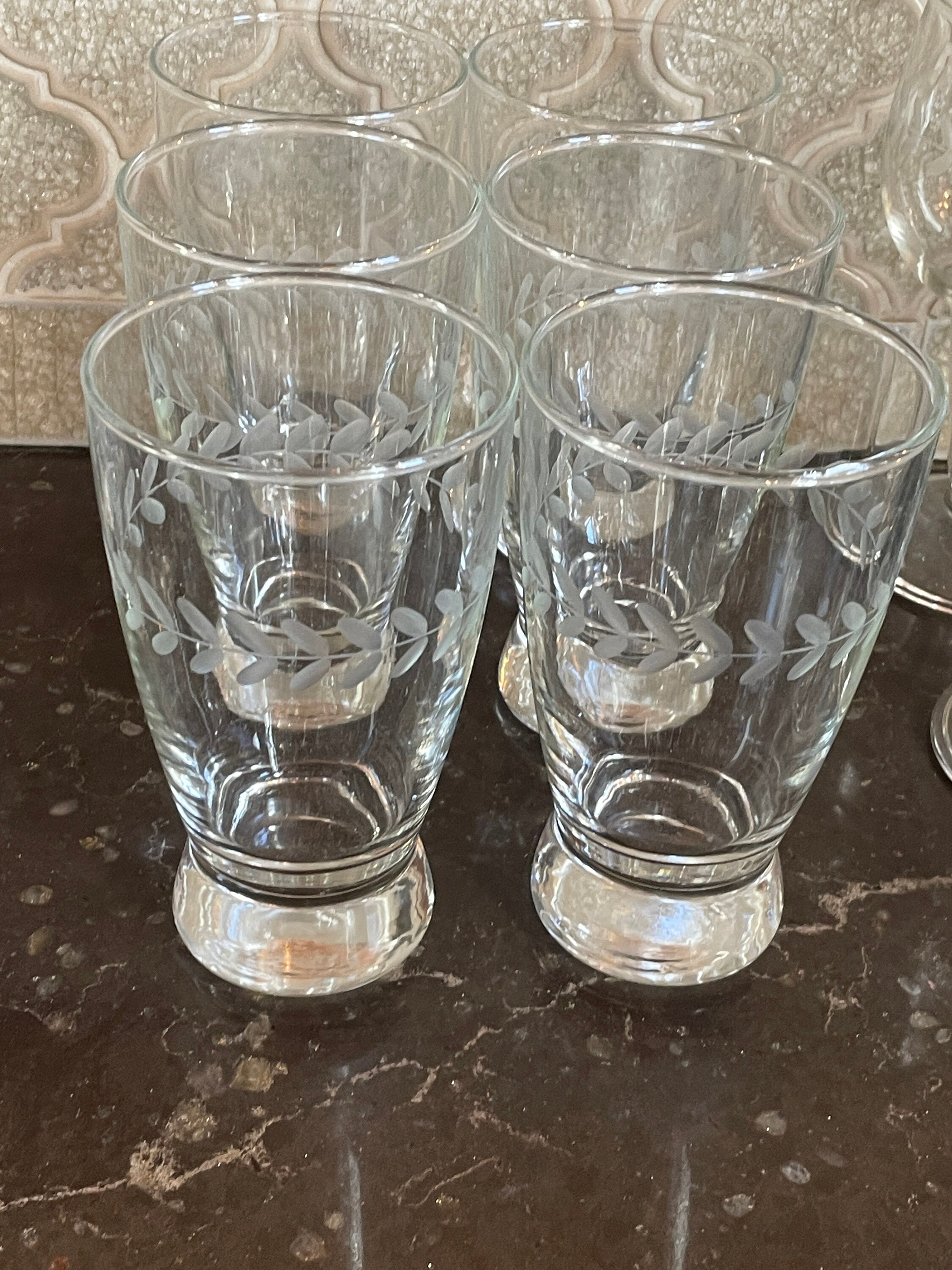 ANCHOR HOCKING Etched Footed Glassware Set Laurel Pattern Etched 1950s ...