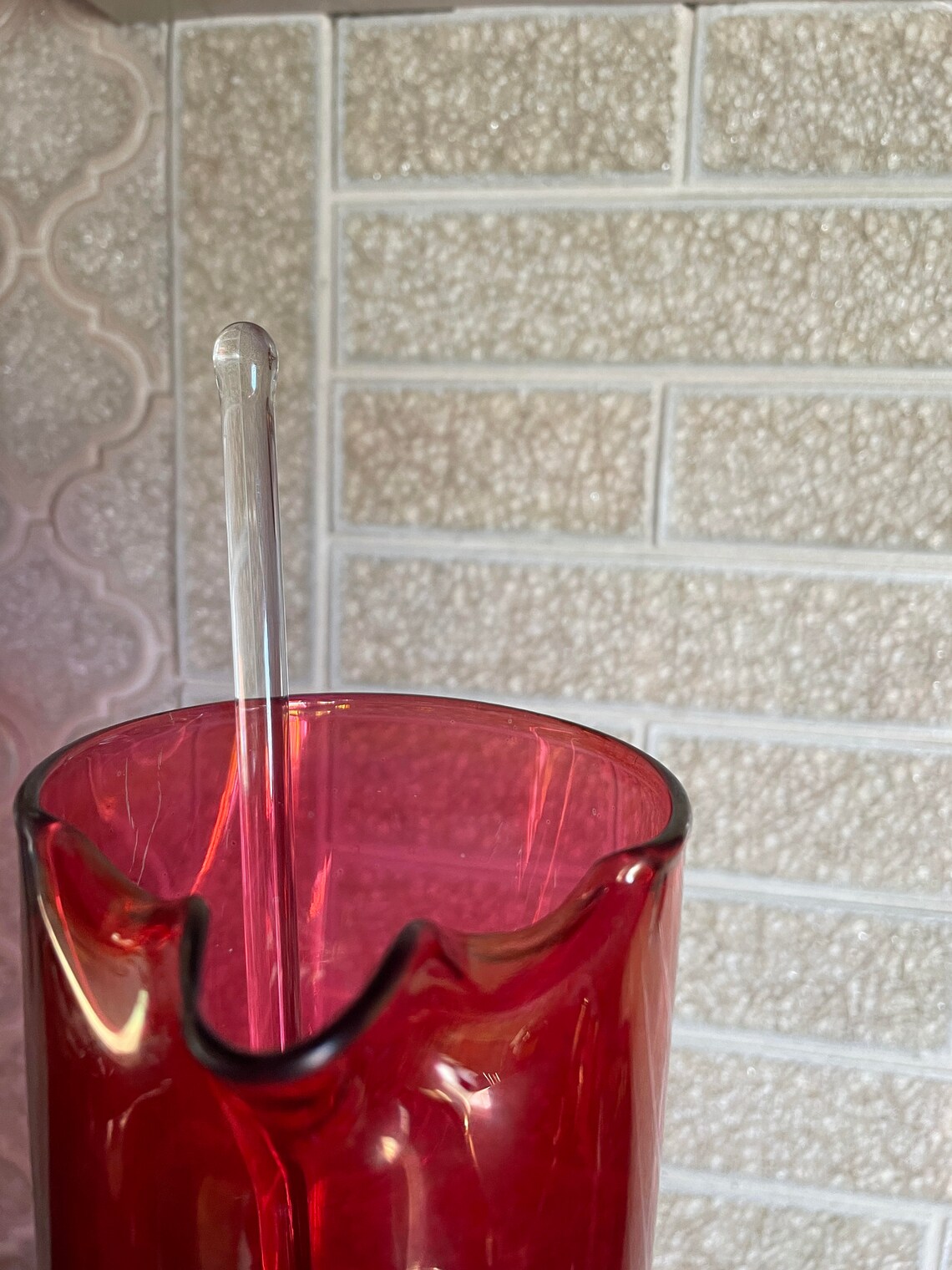 Vintage Ruby Iridescent Glass Cocktail Pitcher Set – Floral Etched ...