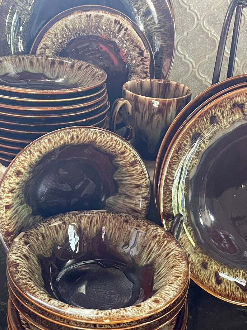 Harker Canonsburg Rawhide Plates Bowls Serving Pieces Brown Drip Glazed ...
