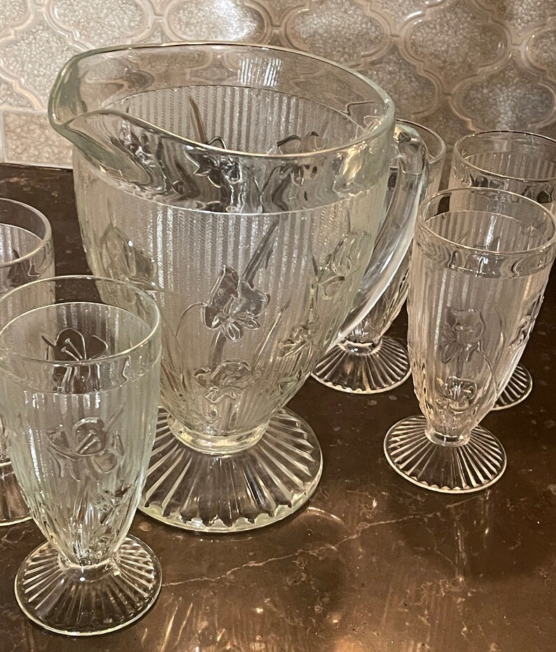 Jeanette Glass Pitcher and Four Tall Pedestal Glasses in Iris and Herringbone Pattern Vintage ...
