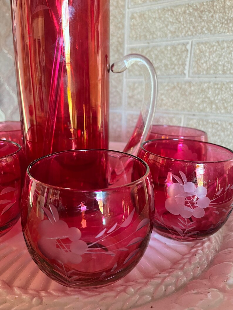 Vintage Ruby Iridescent Glass Cocktail Pitcher Set – Floral Etched ...