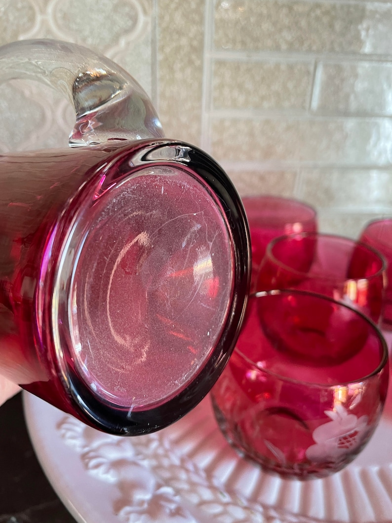 Vintage Ruby Iridescent Glass Cocktail Pitcher Set – Floral Etched ...