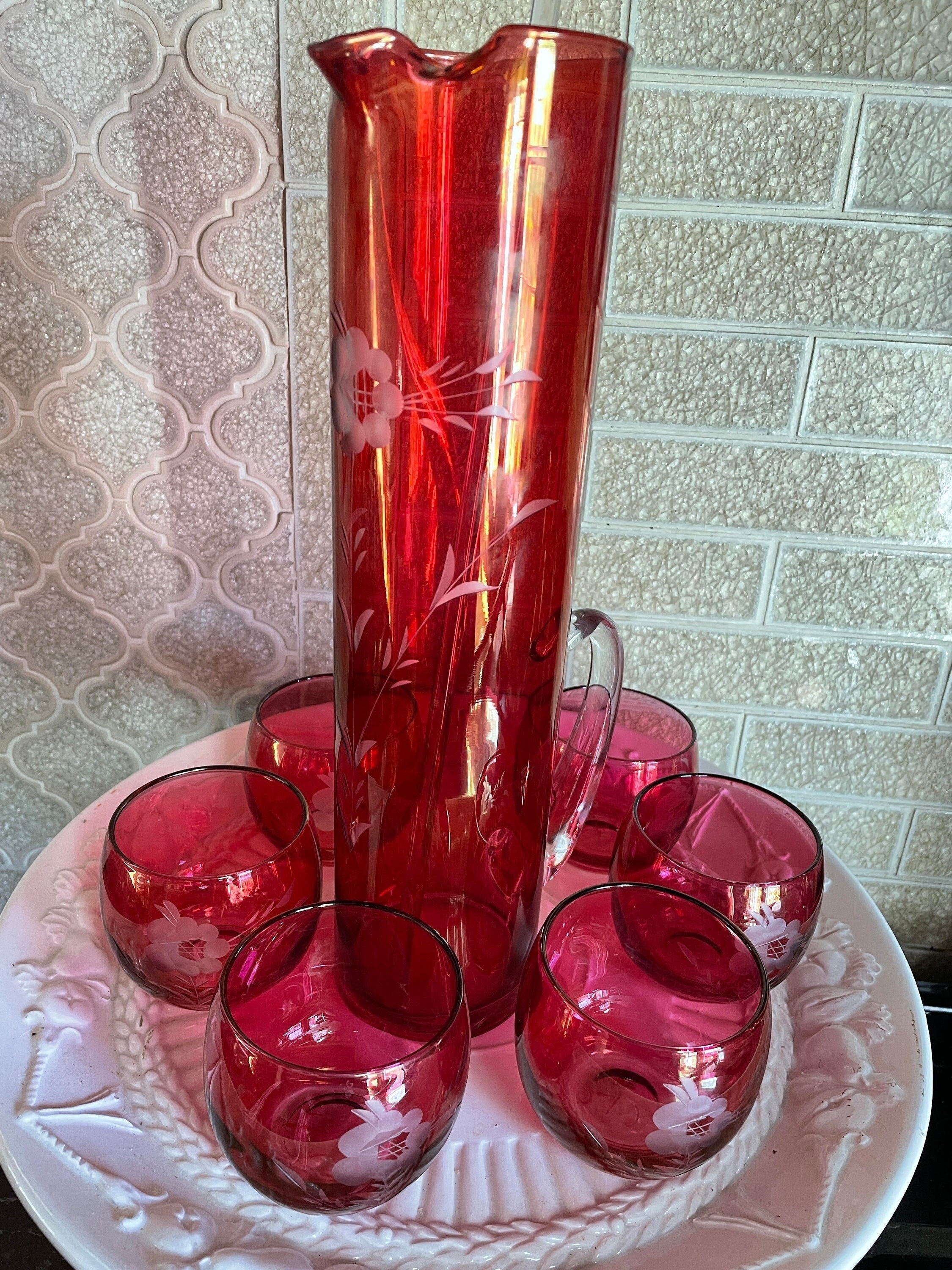 Vintage Ruby Iridescent Glass Cocktail Pitcher Set – Floral Etched ...