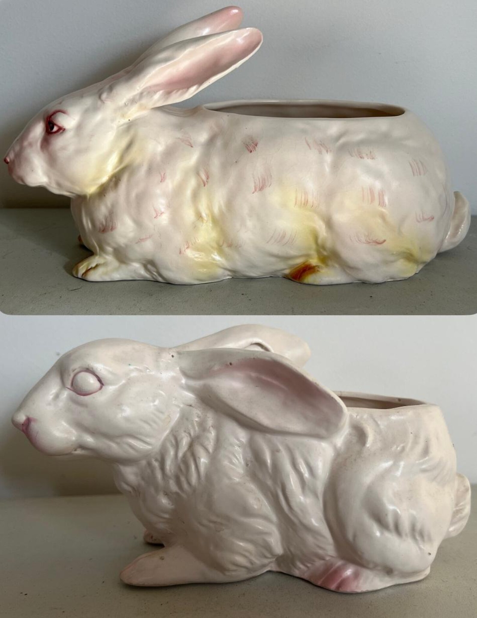 Lefton Ceramic Bunny Planters in Classic White With Pink Highlighting ...