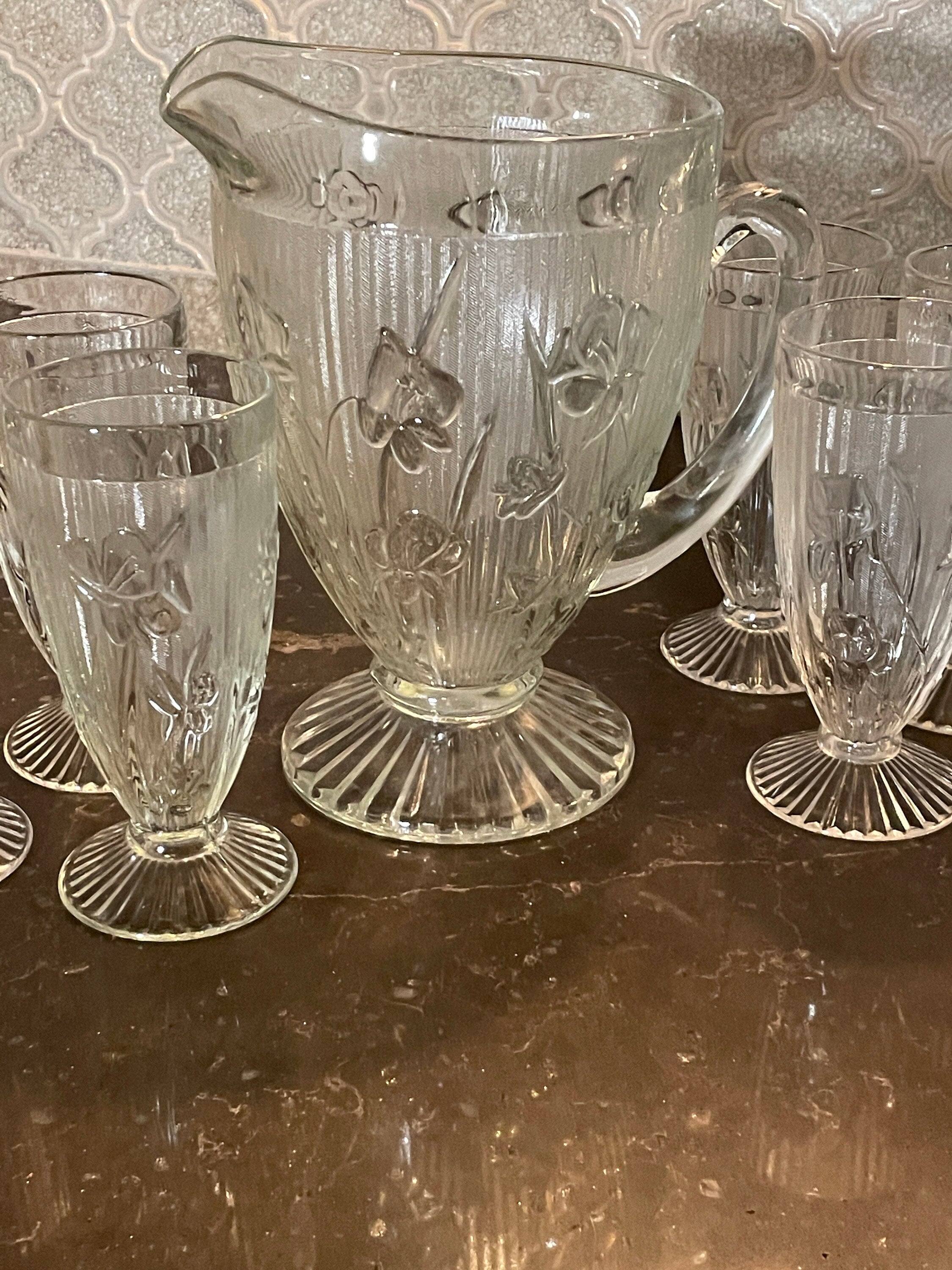 Jeanette Glass Pitcher and Four Tall Pedestal Glasses in Iris and ...