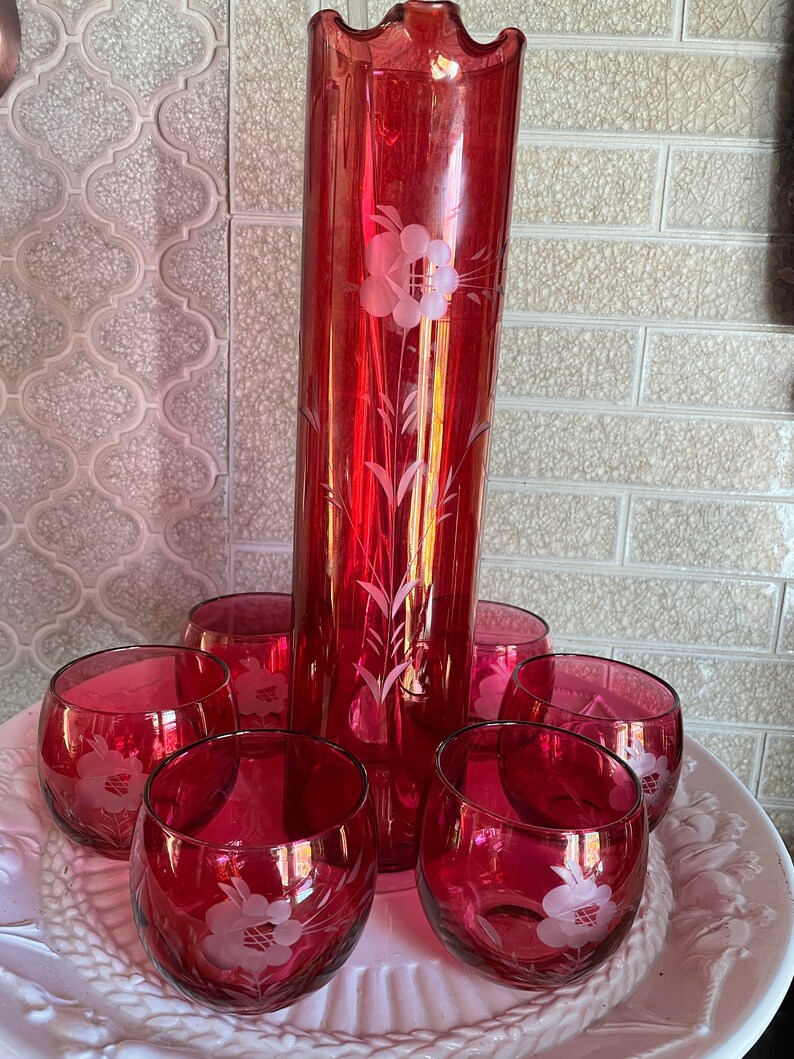 Vintage Ruby Iridescent Glass Cocktail Pitcher Set – Floral Etched ...