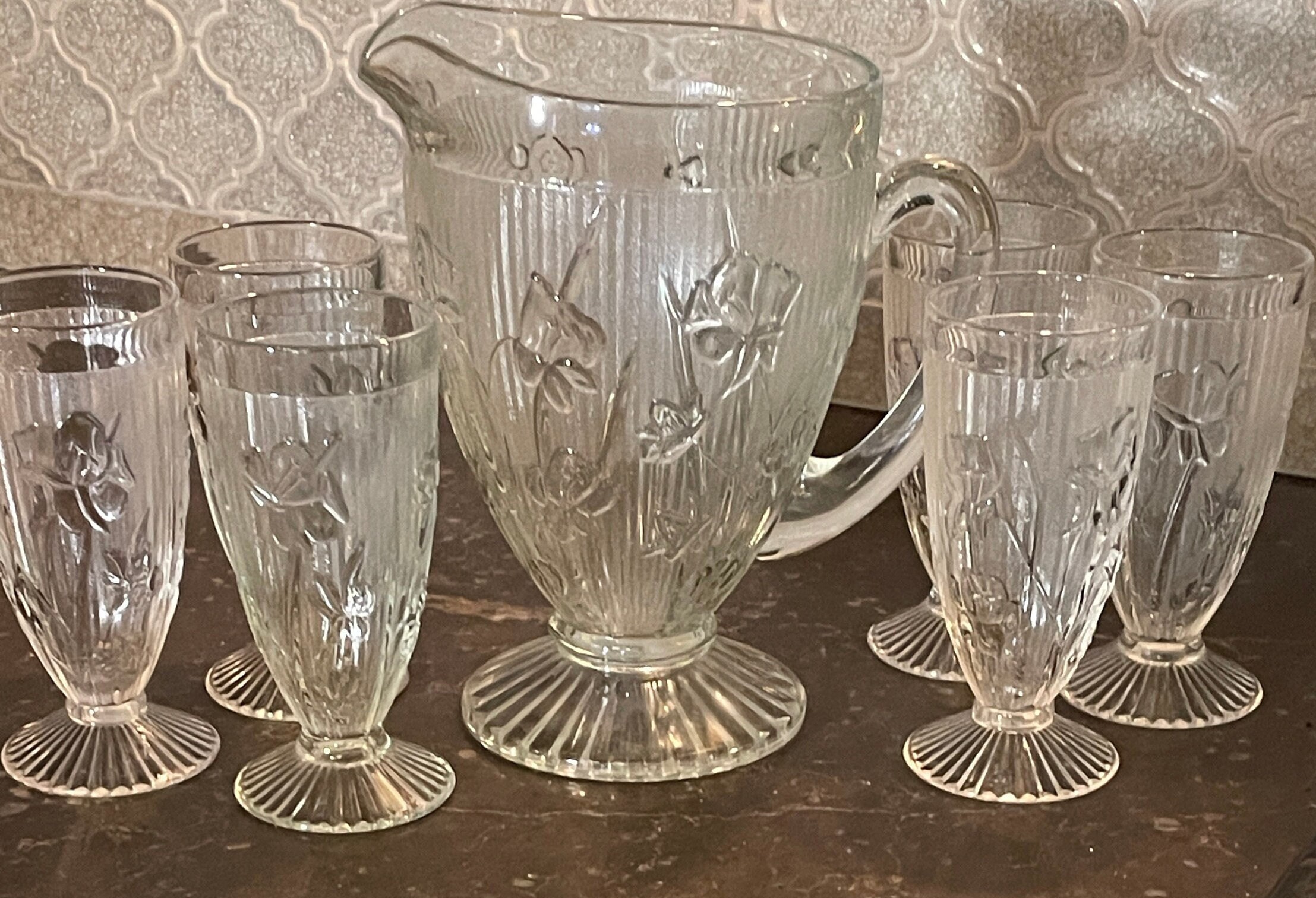 Jeanette Glass Pitcher and Four Tall Pedestal Glasses in Iris and Herringbone Pattern Vintage ...