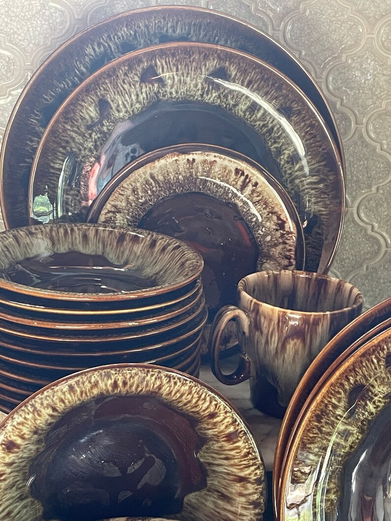Harker Canonsburg Rawhide Plates Cereal Bowls Serving Pieces Brown Drip ...
