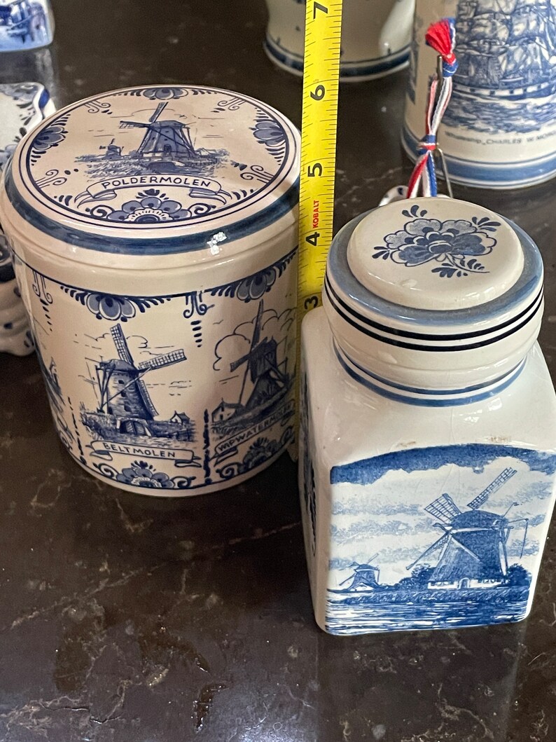 Delft Blauw Handpainted Blue Delft Spice Jars Canisters Pitcher Cups ...