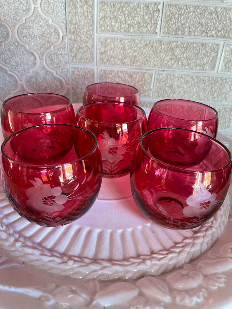 Vintage Ruby Iridescent Glass Cocktail Pitcher Set – Floral Etched ...