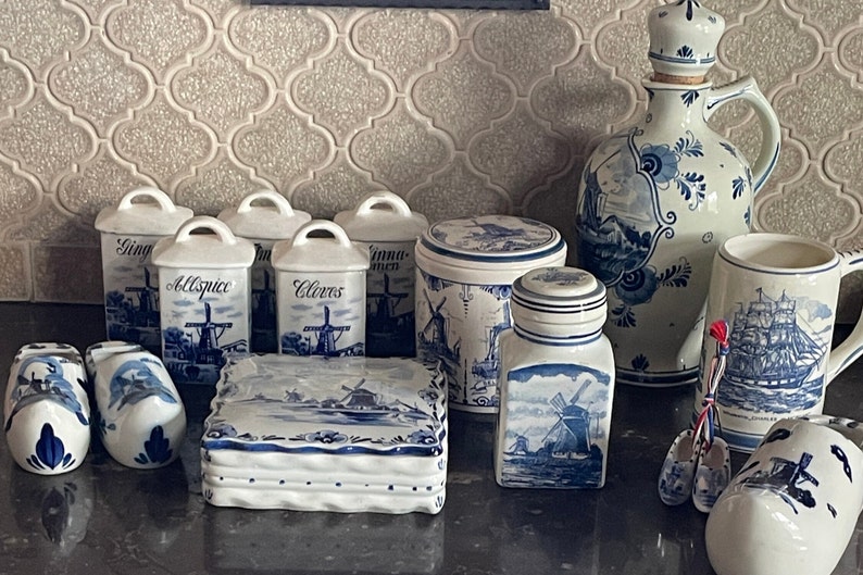 Vintage Delft Blauw Handpainted Blue Delft Spice Jars Canisters Pitcher ...
