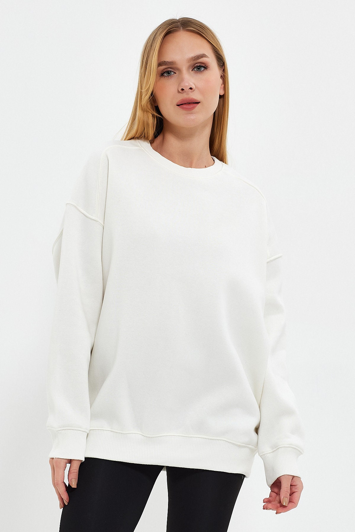 White Women Crewneck Sweatshirt, Oversized Blank Sweatshirt, Blank ...