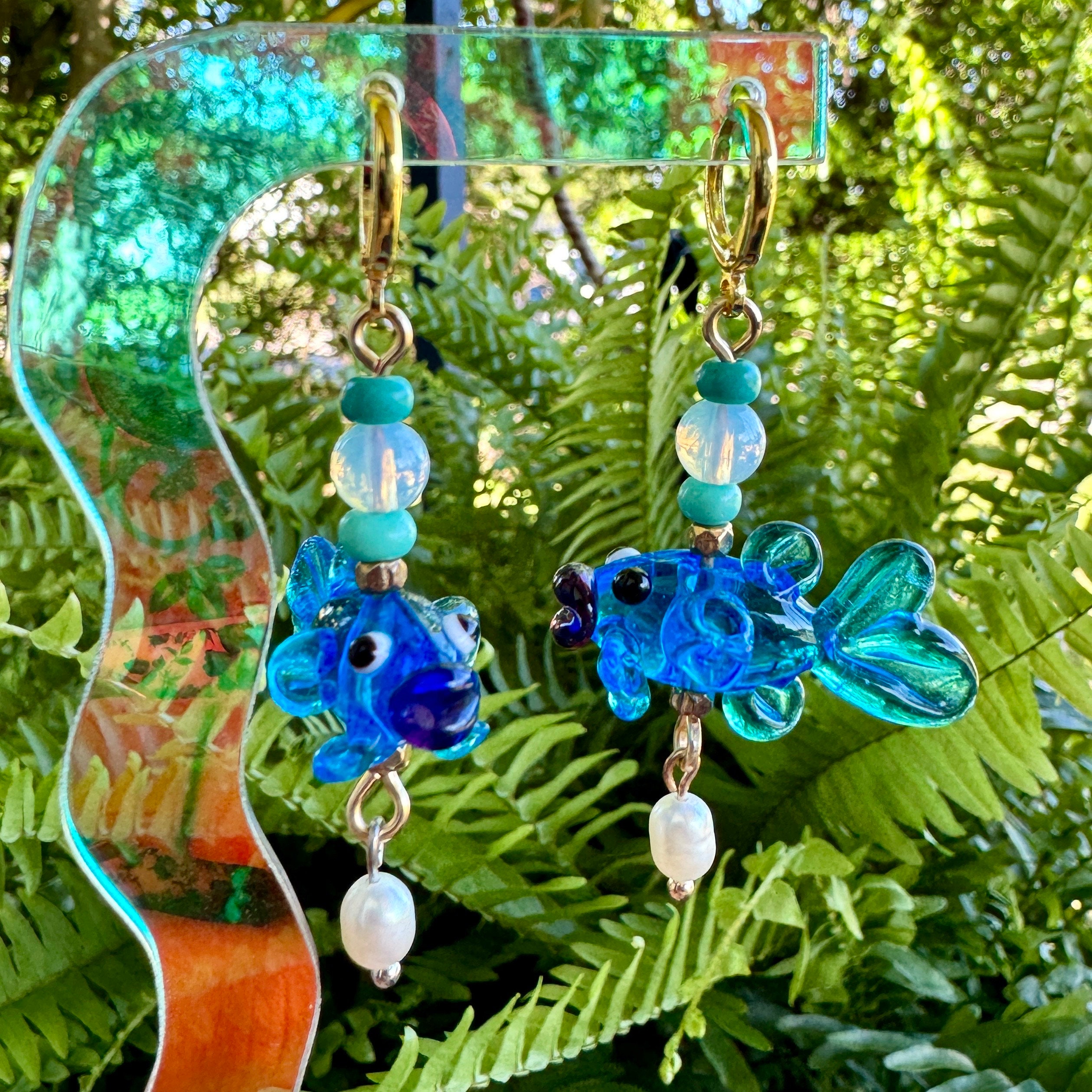 Glass Lampwork Fish Earrings, Freshwater Pearl, Blue Fish, Opalite, Glass Fish, Funky Dangles ...