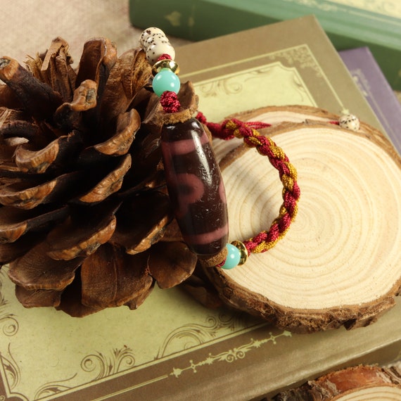 Tibetan Double Bodhi Tree One Strip Amulet Dzi Bead B… - Gem