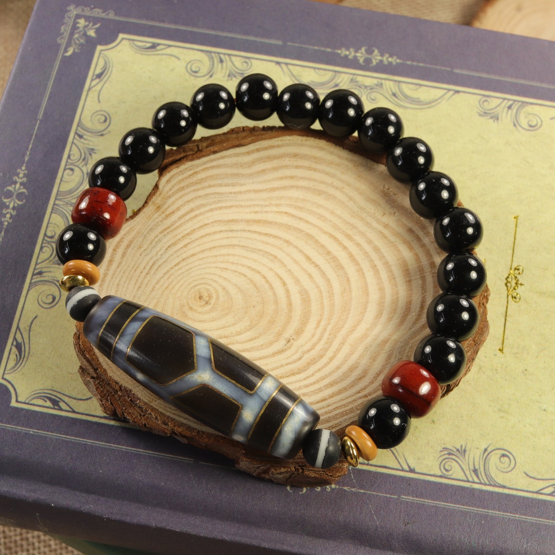 Tibetan Gold Inlay Tortoise Shell of Longevity Amulet Dzi Bead Bracelet ...