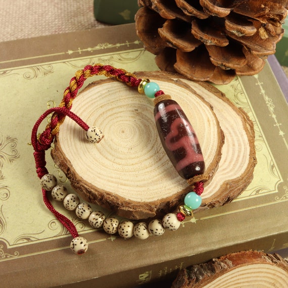 Tibetan Double Bodhi Tree One Strip Amulet Dzi Bead B… - Gem