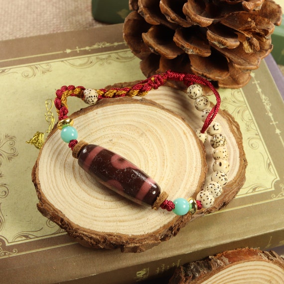 Tibetan Double Bodhi Tree One Strip Amulet Dzi Bead B… - Gem