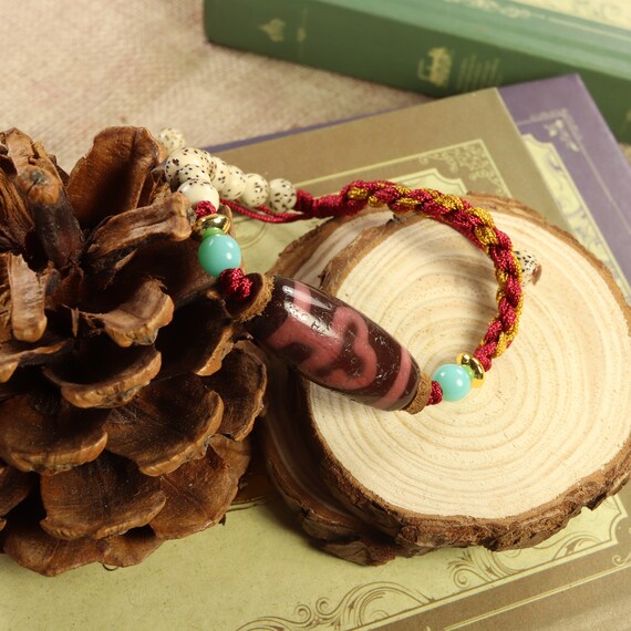 Tibetan Double Bodhi Tree One Strip Amulet Dzi Bead B… - Gem