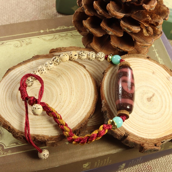 Tibetan Double Bodhi Tree One Strip Amulet Dzi Bead B… - Gem