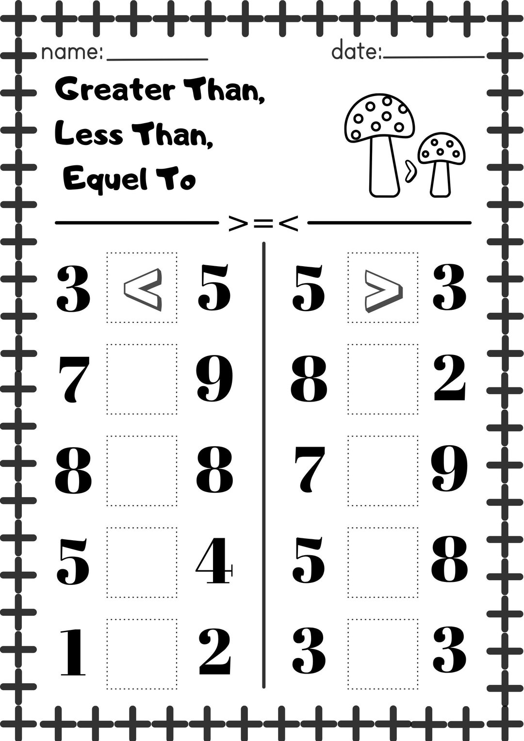 10 Pages Printable Mats /greater Than Less Than Equel To/math Worksheet ...
