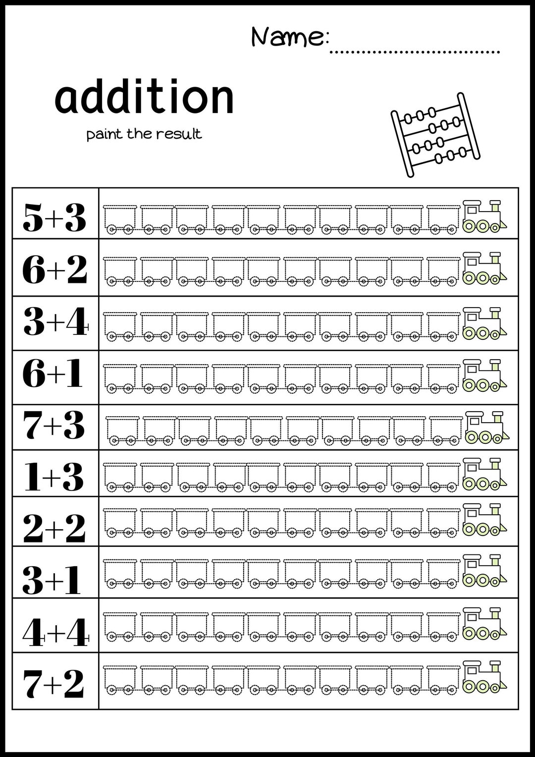 10 Pages Addition Printable Mats /digital Home Work/coloring Train ...