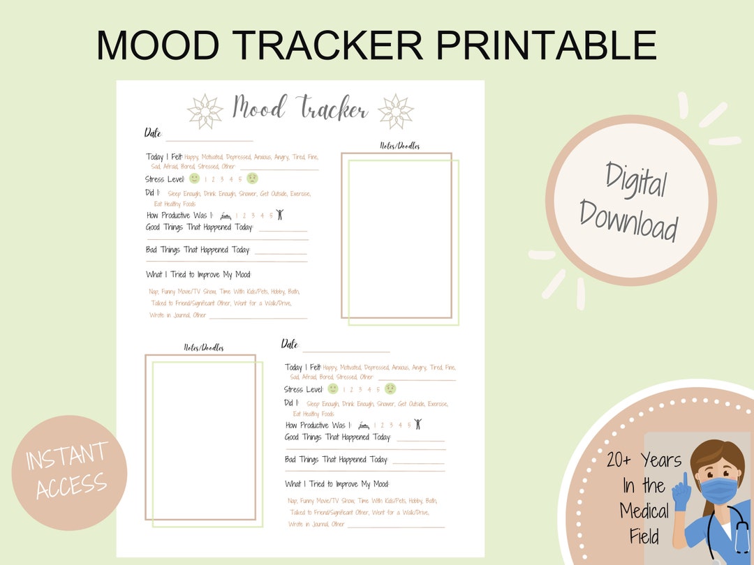 Mood Tracker Printable, Daily Self Care, Emotion Tracker, Mental Health ...
